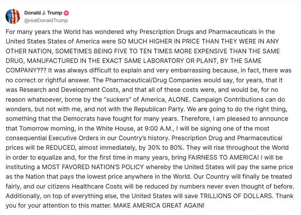 Trump set to speak on pharma | investingLive